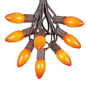25 Foot C9 Orange Ceramic Christmas String Light Set - Outdoor Christmas Light String - – Opaque Christmas Bulbs - Roofline Light String – Outdoor String Lights - Brown Wire