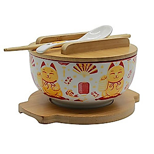 XWORLD Japanese Ceramic Ramen Noodle Bowls Set with Ceramic Spoon, Bamboo Chopsticks, Lid & Trivet, Serving Capacity of 33.8 OZ, Microwavable Oven Safety (3.3” x 6.6” D) (Lucky Cat)