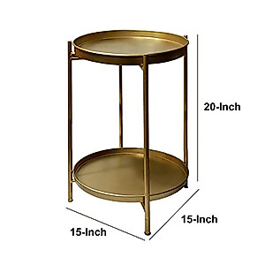 The Urban Port 20-Inch High Round Side End Table with 2-Tier Iron Frame, Matte Gold