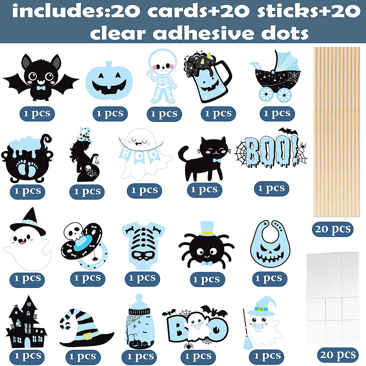 Halloween A Baby is Brewing Decorations Halloween Baby Shower Centerpiece Sticks 20Pcs A Little Boo Baby Shower Table Topper Decorations for Blue Halloween Pregnancy Party Decor