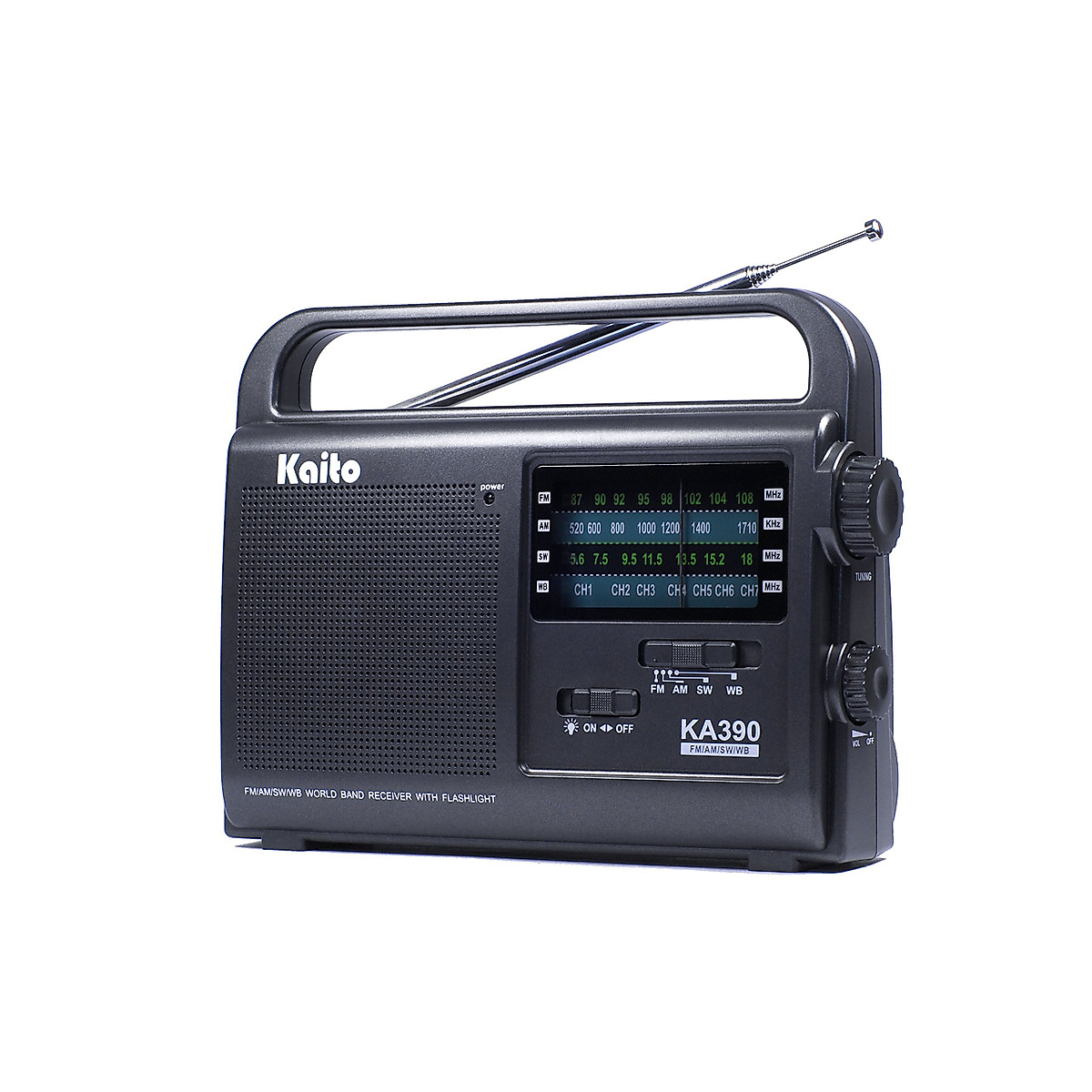 Kaito KA390 Portable AM/FM Shortwave NOAA Weather Radio with LED Flashlight, Color Black