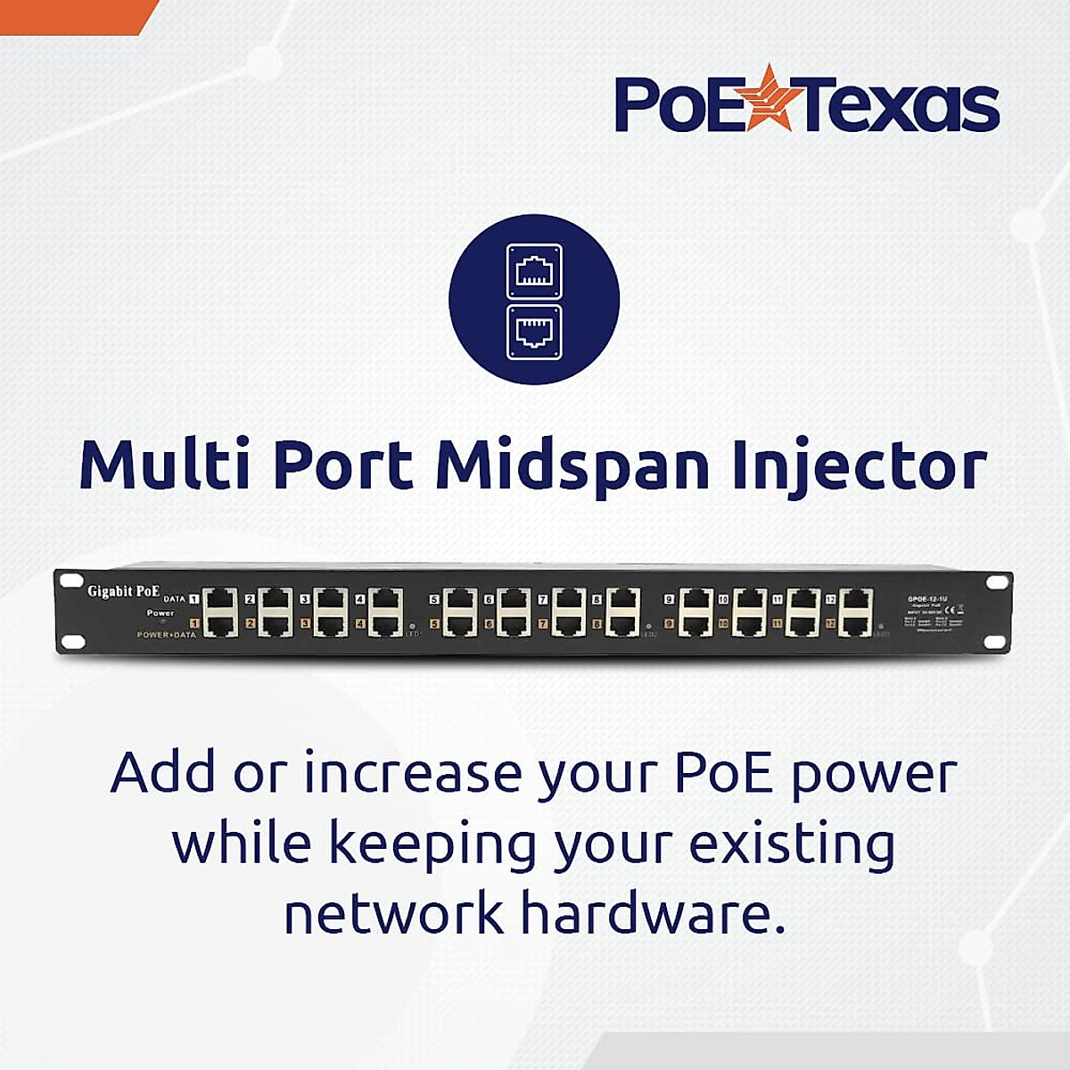PoE Texas - PoE Injector - 12 Port Gigabit Passive Midspan Injector with 24V 120 Watt UL Power Supply - Power Over Ethernet for Ubiquiti and Mikrotik WAP, IP Camera and 24 Volt Passive PoE Devices