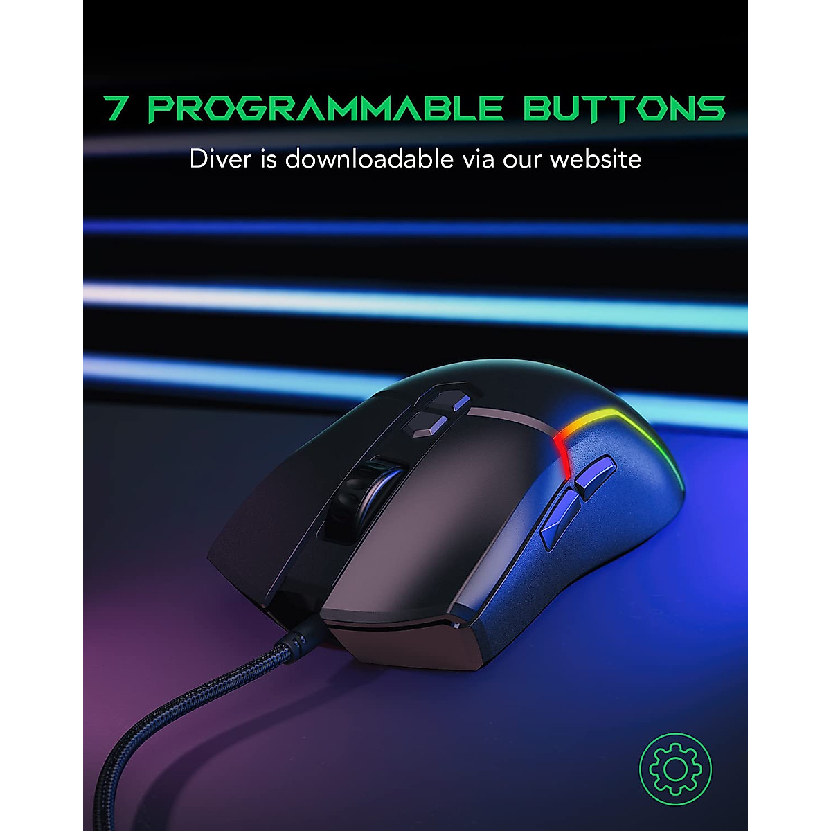 Black Shark Gaming Mouse Wired, USB Computer Ergonomic Mouse with 7 Adjustable DPI Up to 10,000, 7 Programmable Buttons, 5 Modes RGB Backlight, Optical Gamer Mice for Windows PC Laptop Mac