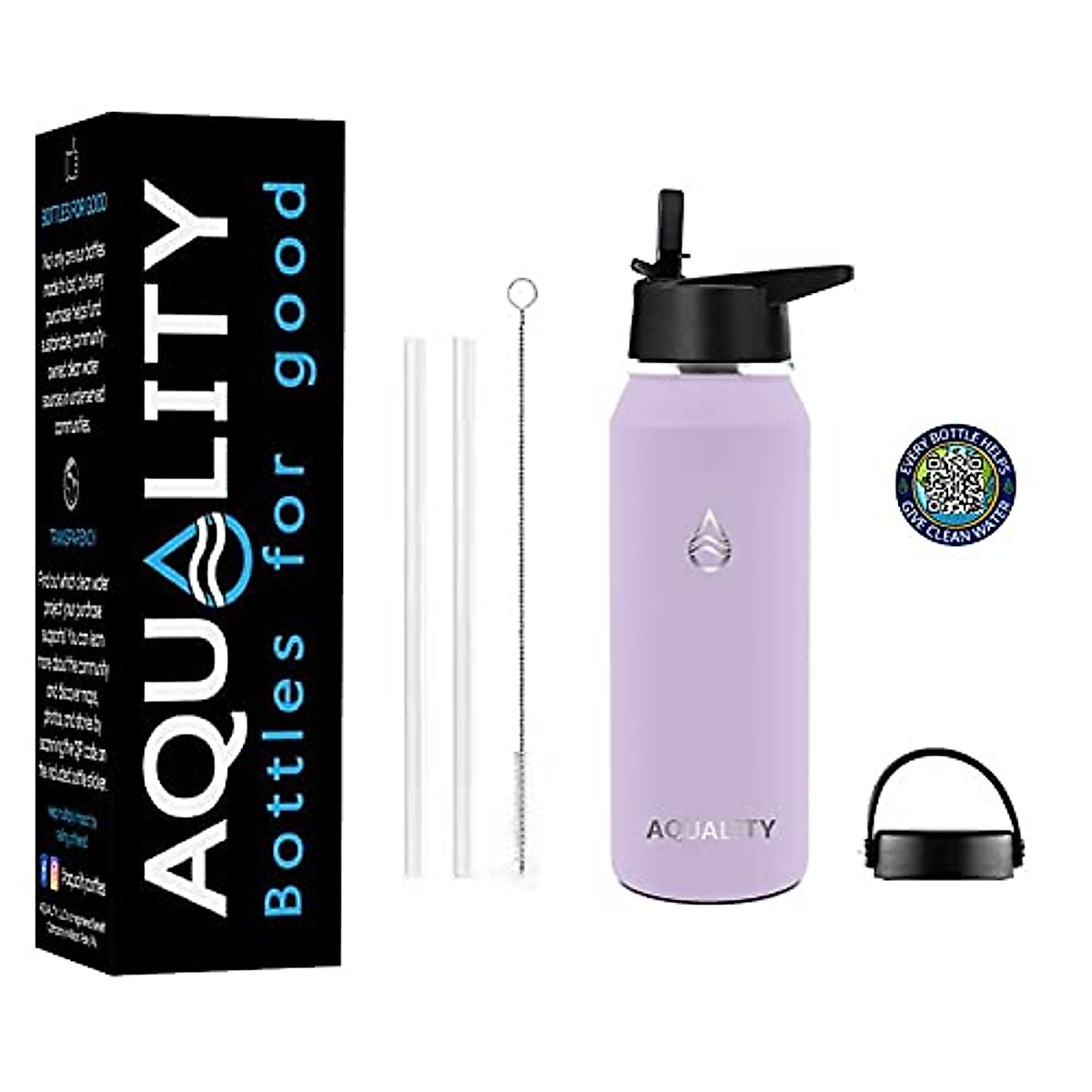 AQUALITY reusable water bottle with straw, insulated stainless steel, BPA free lids (Blushberry, 32 oz)