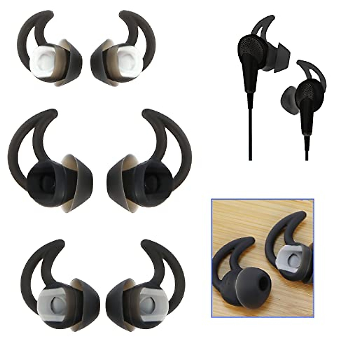 Micro Traders 3 Pairs Replacement Earbuds Ear Tips Silicone in Earphones Noise Isolation Compatible with Bo-se QC20 QC20i SoundSport SIE2i IE2 IE3 Black S M L