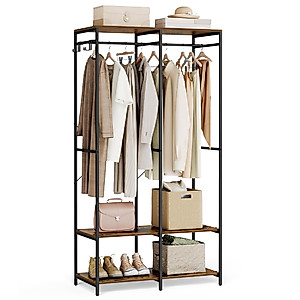 SONGMICS Clothes Rack, Iron and Wood Wardrobe Closet Organizer, Heavy Duty Garment Rack with Hanging Rods, Closet Shelves, Removable Hooks, 15.7 x 37.2 x 70.9 Inches, Rustic Brown URGR004B01
