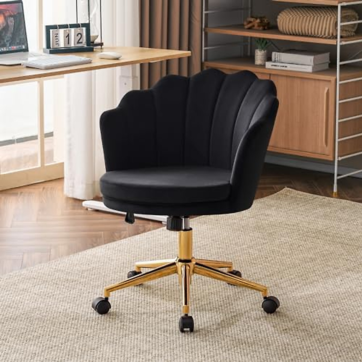 Furnimart Black Home Office Chair with Wheels Upholstered Comfy Velvet Desk Chair Stool, Cute Adjustable Swivel Modern Seashell Back Vanity Chair for Living Room, Bedroom, Office (Black)
