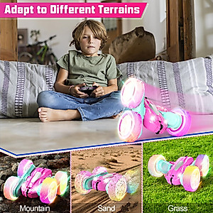 28℃ Remote Control Car for Boys, Drift High Speed RC Cars, 4WD 2.4Ghz Rechargeable RC Truck with Double Sided 360 Flips and Headlights Wheel Lights, Off-Road Stunt Toy Car for Kids Boy Girls Pink