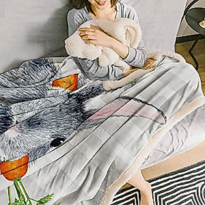 Sherpa Blankets Fleece Throw Blanket Reversible Soft Cozy Bed Blankets Easter Watercolor Bunny with Carrot,Flannel Sofa Throws,Grey and White Buffalo Plaid Fuzzy Warm Blankets for Couch,50x80in