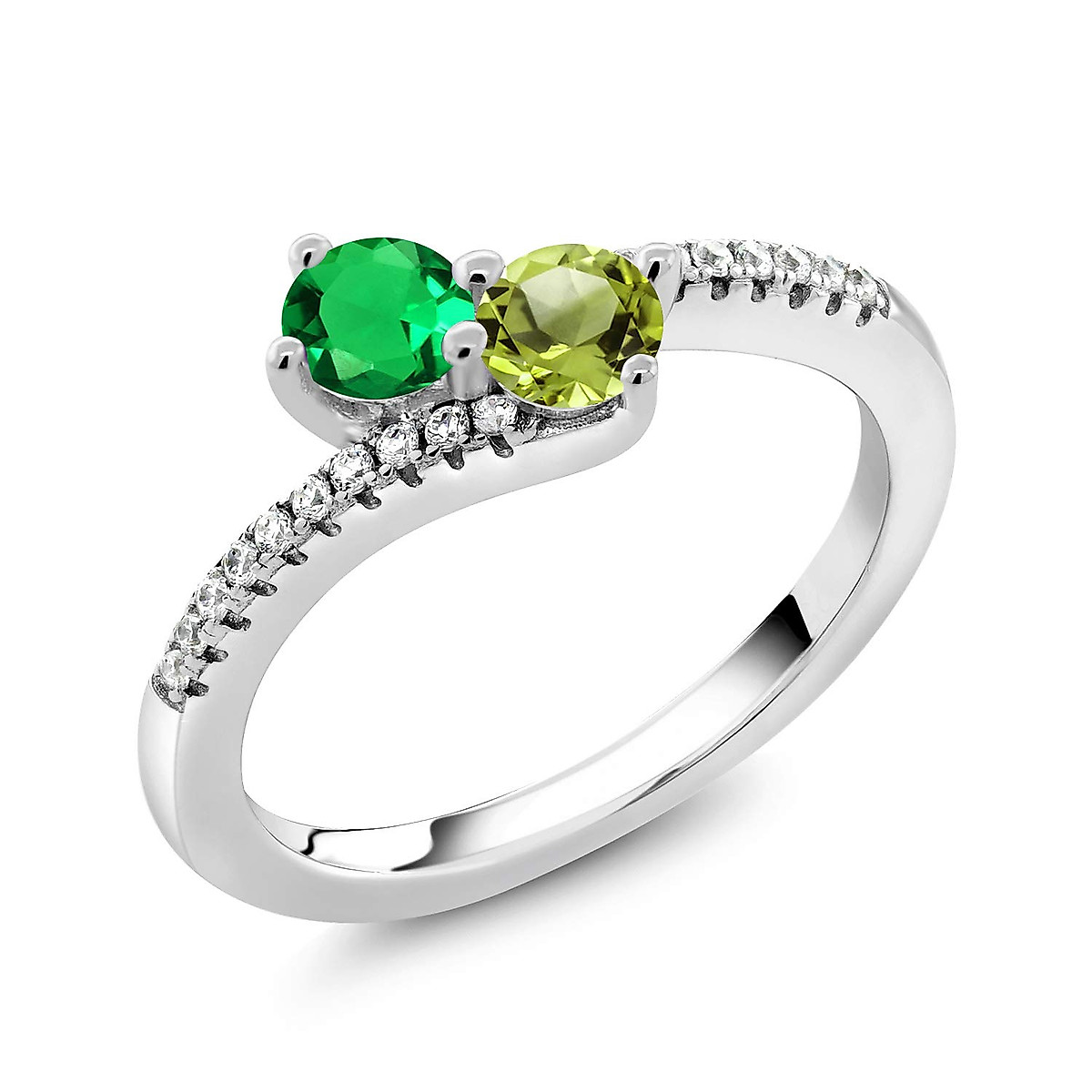 Gem Stone King 925 Sterling Silver Green Nano Emerald and Green Peridot Bypass Ring For Women (0.84 Cttw, Gemstone May Birthstone, Round 4MM, Available In Size 5, 6, 7, 8, 9)