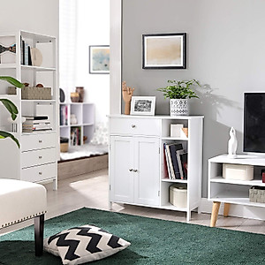 VASAGLE Bathroom Floor, Freestanding Storage Cabinet with Drawer, 3 Open Compartments, Adjustable Shelves, 11.8 x 29.5 x 31.5 Inches, Matte White UBBC142W01