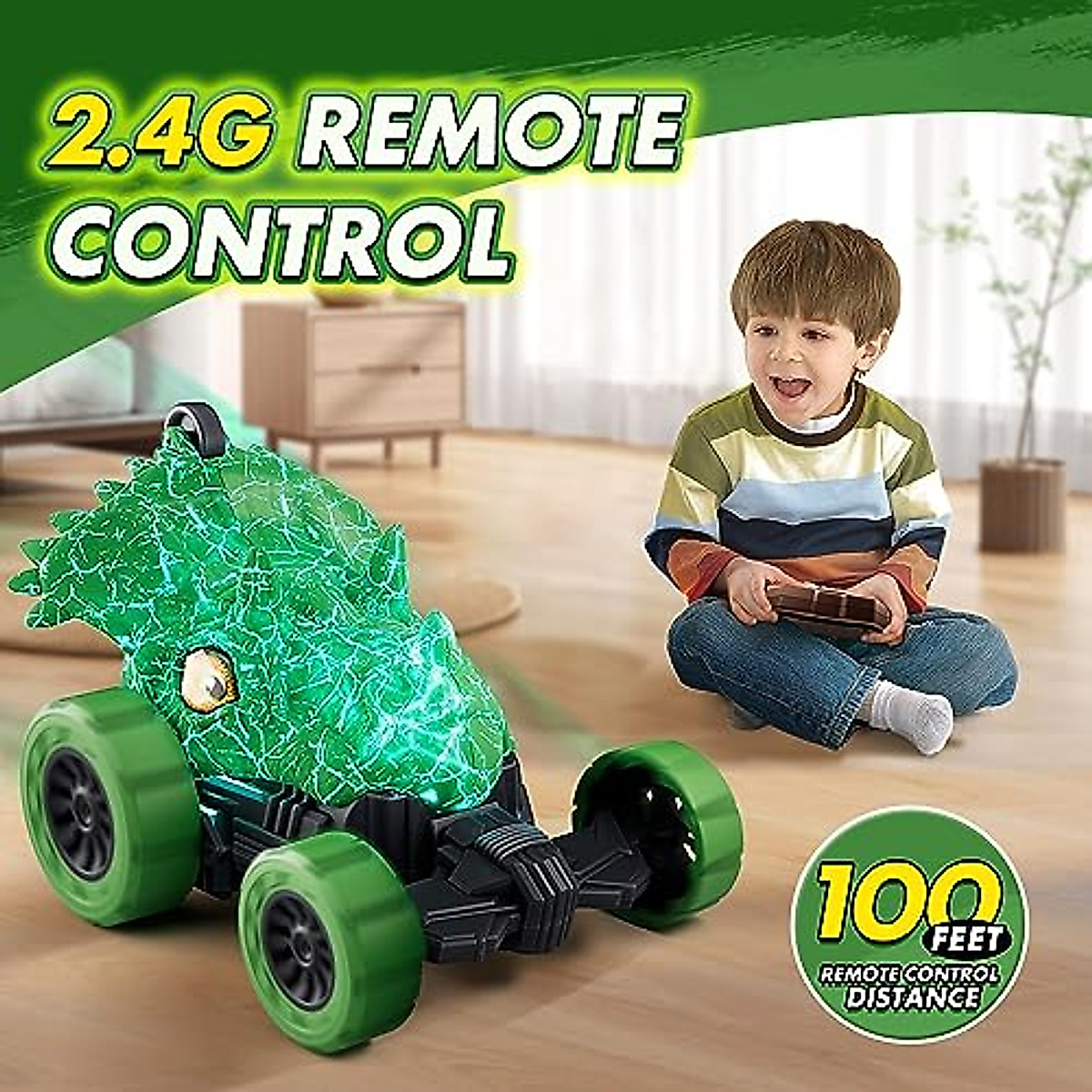LOVE LIFE Remote Control Car, RC Stunt Car Invincible 360°Rolling Twister with Colorful Lights & Music Switch, Dinosaur Remote Control Car for 3 4 5 6 7 8 Year Old Kids Boys (Triceratops)