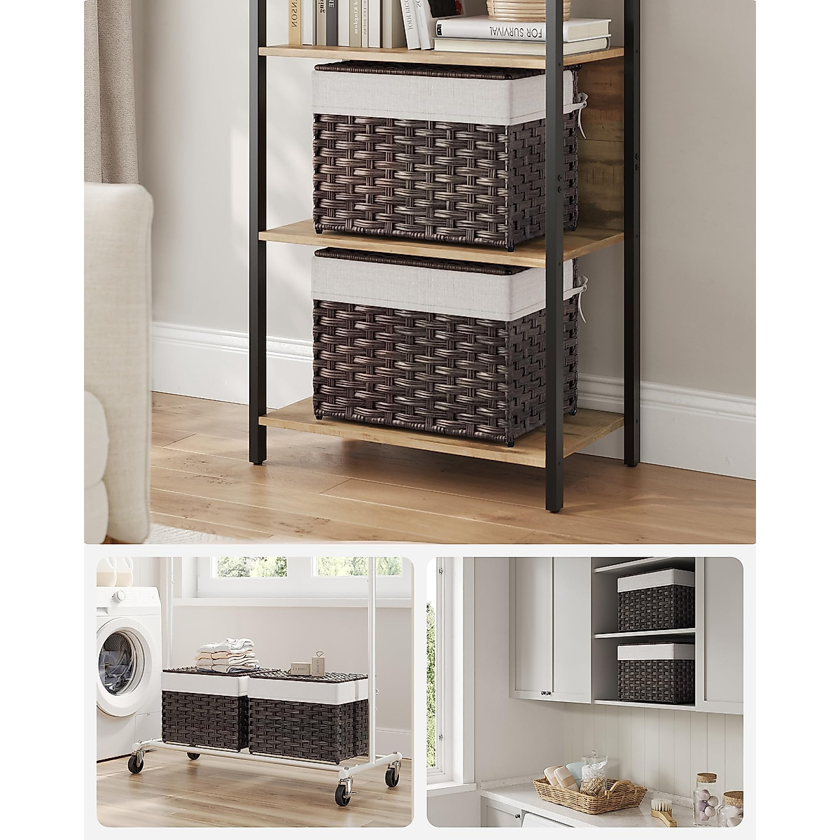 SONGMICS Storage Basket with Lid, 9.2 Gallon (35L) Storage Bin, Woven Blanket Storage Basket with Handles, Foldable, Removable Liner, Metal Frame, for Bedroom, Laundry Room, Brown URST040K01