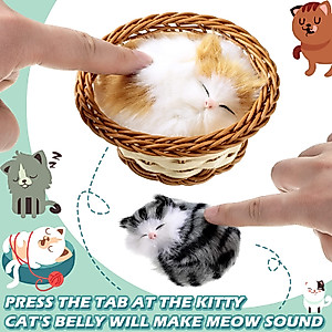 Civaner 4 Pcs Sleeping Cat in Basket Doll Toy Lovely Mini Kitten in Woven Realistic Fake Fluffy Hand Gift Plush Stuffed Decor with Meows Sounds for Office Desk Boys Girls