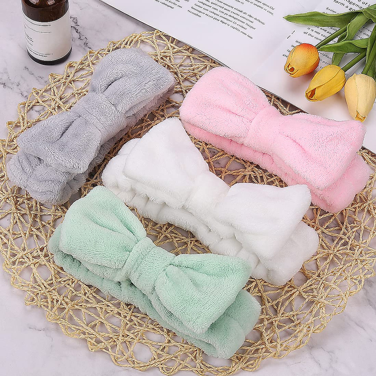 SONSENAI Bow Hair Band - 4Pack Soft Carol Fleece Hairlace Headbands for women Makeup Shower Headband Headwraps for Washing Face Spa Mask(Multi-colored 3)