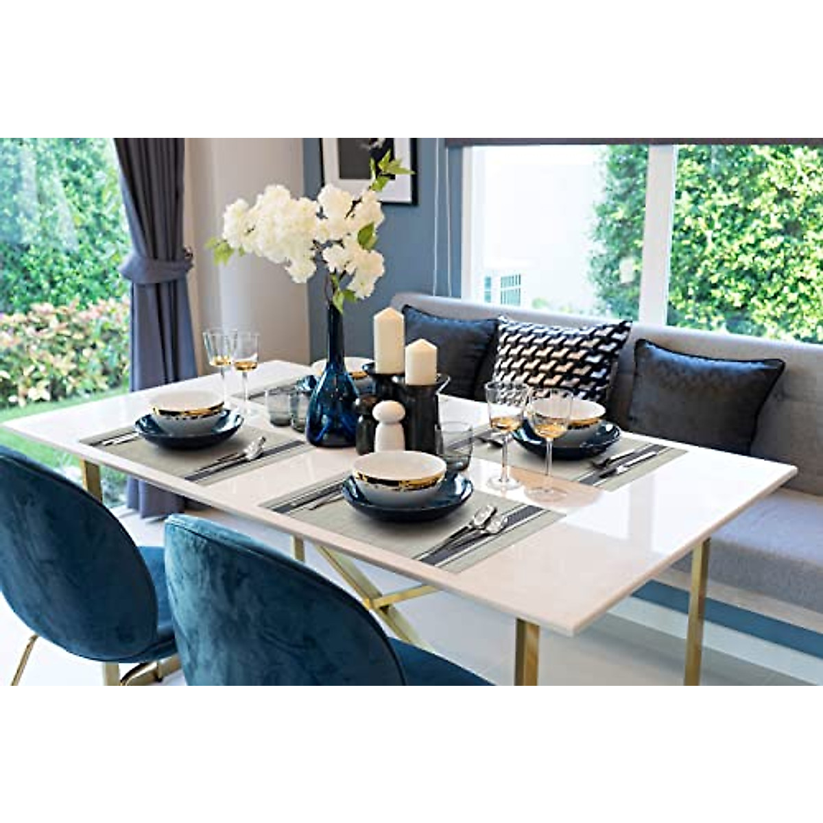 More Décor Dining Table Placemats, Washable Heat-Resistant PVC Vinyl Table Mats for Dining Room and Kitchen, Anti-Slip - Set of 6 - Vertical Striped Blue - Grey