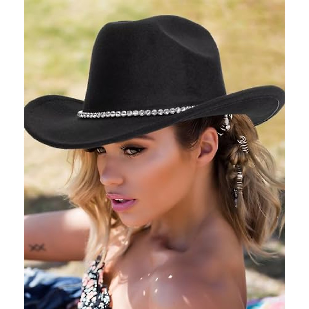 Women Sparkly-Rhinestone Western-Cowgirl-Hat Glitter-Bling Cowboy-Hat Felt-Rodeo-Hat for Disco-Party Medium/Large