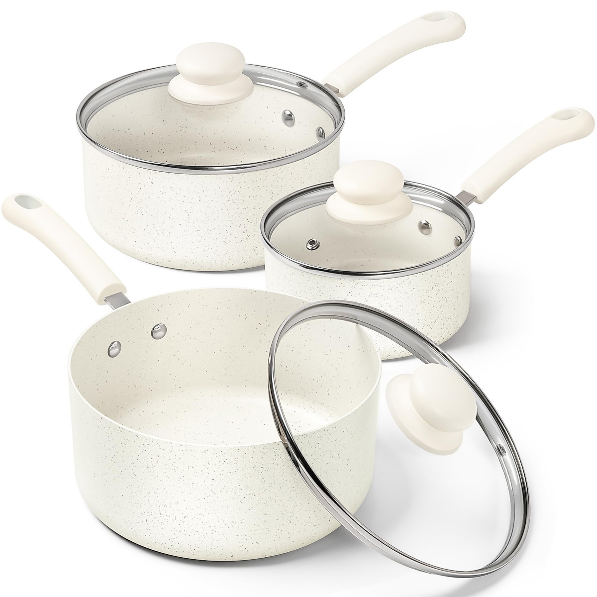 MICHELANGELO Sauce Pan With Lid, Granite Nonstick Saucepans Set, 1QT&2QT&3QT Saucepan With Lid, Multipurpose Cooking Pots, White