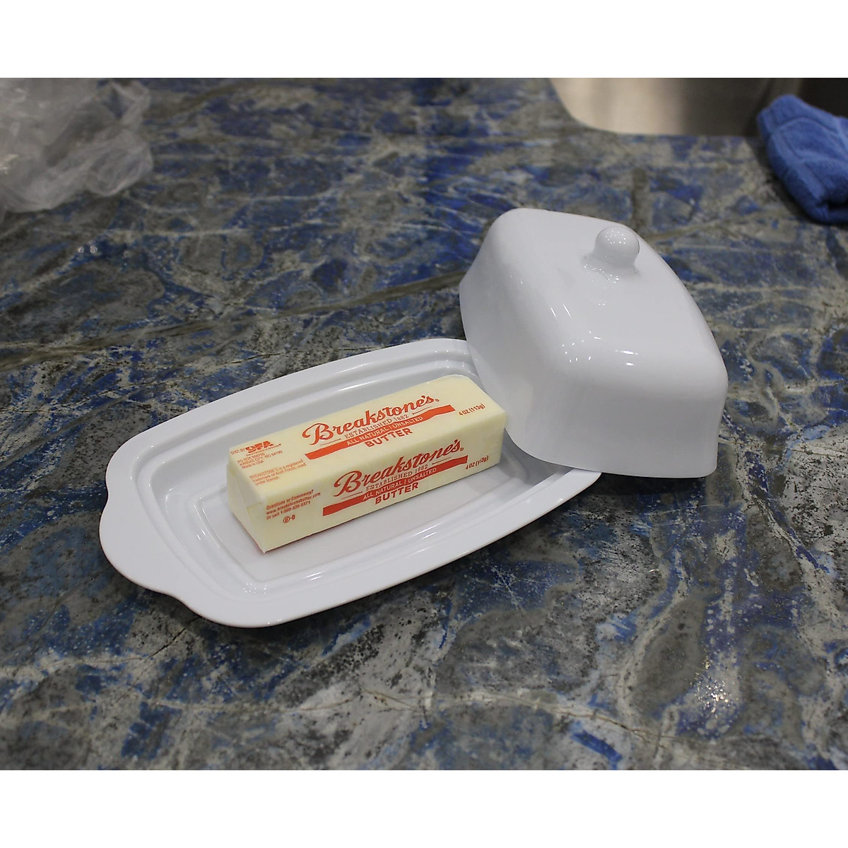 White Plastic Rectangle Butter Dish with Lid Easy Scoop, No Mess Lid Carry Handles and Knob Top BPA Free Holds Full American Bar of Butter