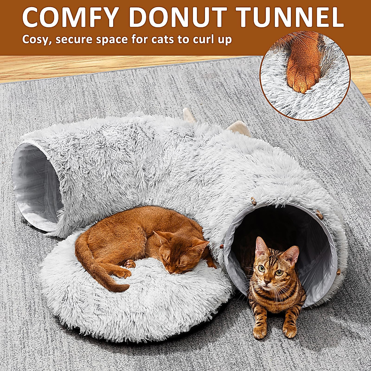 Cat Tunnel with Cat Bed for Indoor Cats, Soft Plush Peekaboo Cat Cave Donut Tunnel, Multifunctional Cat Playground Toys Hideplace for Small Medium Large Cats, Kittens, Rabbit, Ferret (Grey)