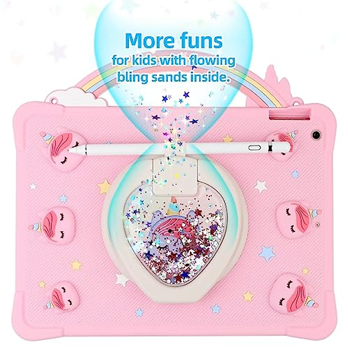 [Super Cute Rainbow Handle Unicorn Case] Pop it Case iPad Mini 6th Generation 2021 (8.3 Inch) Cover for Kids Girls with Hand Strap and 360° Rotating Stand - Pink