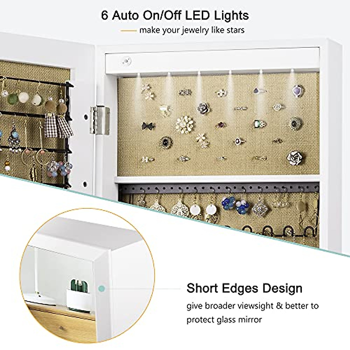 SZQINJI Jewelry Armoire Cabinet with Full-Length Mirror, Large Storage Jewelry Organizer, Wall/Door Mounted, Lockable, Pure White