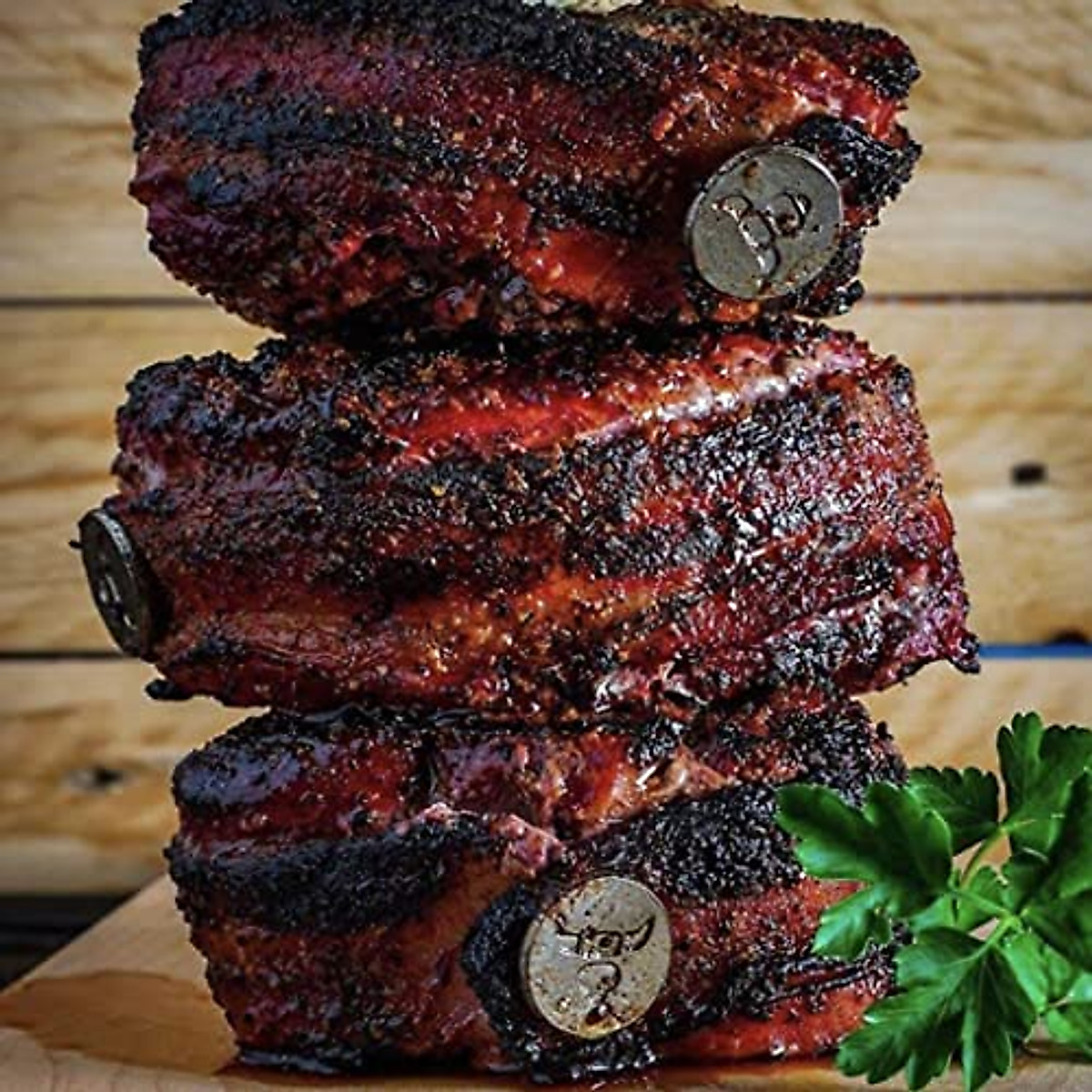 GRILL PINZ- Stainless Steel Reusable Food & Steak Markers- Attach & Combine Food While Grilling (Better Than Grill Skewers or Steak Picks) Made in USA - Pack of 8 Pinz with Hardwood Storage Block