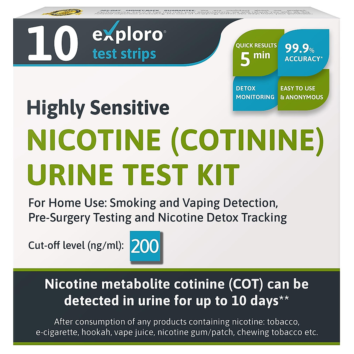 Exploro Highly Sensitive Nicotine Test - Detects Nicotine Metabolite Cotinine in Urine for up to 10 Days - Accurate Results in 5 Minutes - 10 Strips with Cut-Off Level of 200 ng/ml