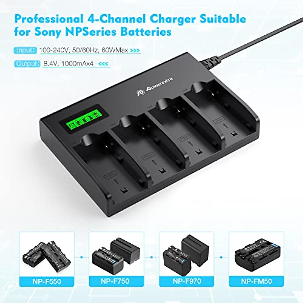 Powerextra 4-Channel Battery Charger with LCD Display for Sony NP-F970, NP-F960, NP-F950, NP-F930, NP-F770, NP-F750, NP-F570, NP-F550 Camera Battery