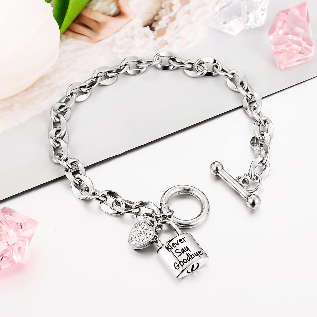 abooxiu Lock Urn Bracelet for Ashes Crystal Heart Cremation Bracelet for Ashes Stainless Steel Ash Bracelet for Men Women Memorial Ashes Holder Silver
