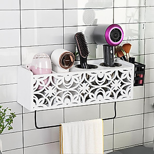 TRSPCWR Hair Tool Organizer Wall Mounted, Hair Dryer and Styling Holder with Towel Bar, Bathroom Blow Dryer Holder with Side Basket, Farmhouse Vanity Caddy Storage Stand for Accessories, Makeup