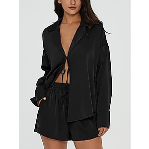 DEEP SELF Women's Silk Pajama Sets Tie Front Long Sleeve Shirts and Shorts Satin Pj Set Soft Two Piece Sleepwear with Pockets (Black, Medium)