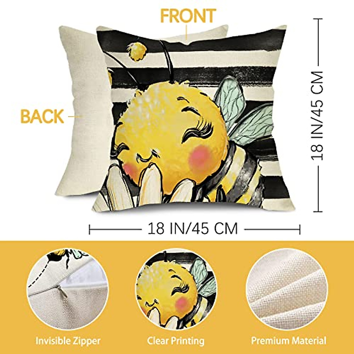 Fjfz Spring Bumble Bee Sunflower Decorative Throw Pillow Covers 18x18 Set of 4, Summer Farmhouse Black White Stripe Porch Patio Home Decor, Yellow Buffalo Plaid Check Quote Outdoor Couch Cushion Case