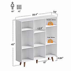 Pipishell 9-Cube Bookshelf, Bookcase with 3 Height-Adjustable Shelves and Solid Legs, Cube Storage Shelf, Modern Freestanding Open Bookshelf for Living Room, Bedroom, White, PIBS04W