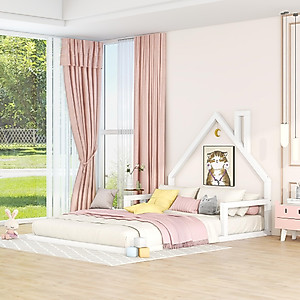 LUSPAZ Full Size Floor Bed with House-Shaped Headboard for Toddlers and Baby,Playful Design Sturdy Wood Montessori Floor Bed, No Box Spring Required, Perfect for Kids' Room or Baby Room, White