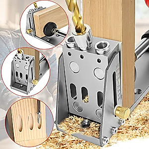 Pocket Hole Jig Kit - Adjustable Pocket Screw Jig Heavy Duty Aluminum Alloy Pocket Hole Jigs System for Woodworking, Carpenter Drill Jig for Angled Holes with 3 Drilling Bit Hole Puncher Locator