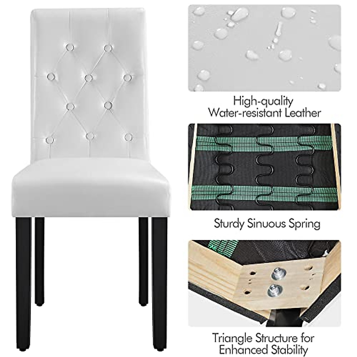 Yaheetech Dining Chairs with Leather Seat and Solid Wood Legs Button Tufted Padded Kitchen Chair Accent Side Chair for Home Kitchen and Restaurant, Set of 6, White