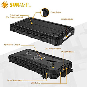 SunAmp Wireless Solar Power Bank | Solar Charger with USB Type C Quick Charge | Bright LED Flashlight | 20,000mAh | IP54 Rainproof Shockproof Dustproof for Travel and Outdoors | 4 Ports (Black) from