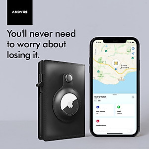 Anovus AirTag Wallet (Black) | Trackable Wallet with AirTag Holder | RFID-Blocking Minimalist Leather Wallet | Slim Leather Airtag Wallet - Men and Women| Smart Wallet - AirTag Not Included