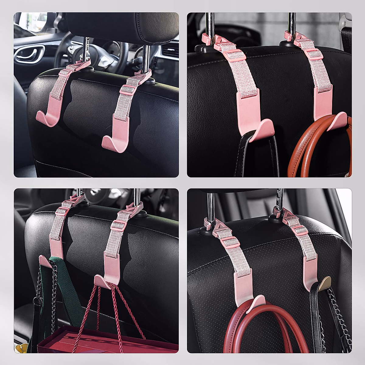 Flymic Adjustable Car Seat Headrest Hook, Universal Car Storage Headrest Hanger Holder Hooks Organizer, Vehicle Strong and Durable Backseat Hanger for Handbag Purse Coat 4 Pack Pink