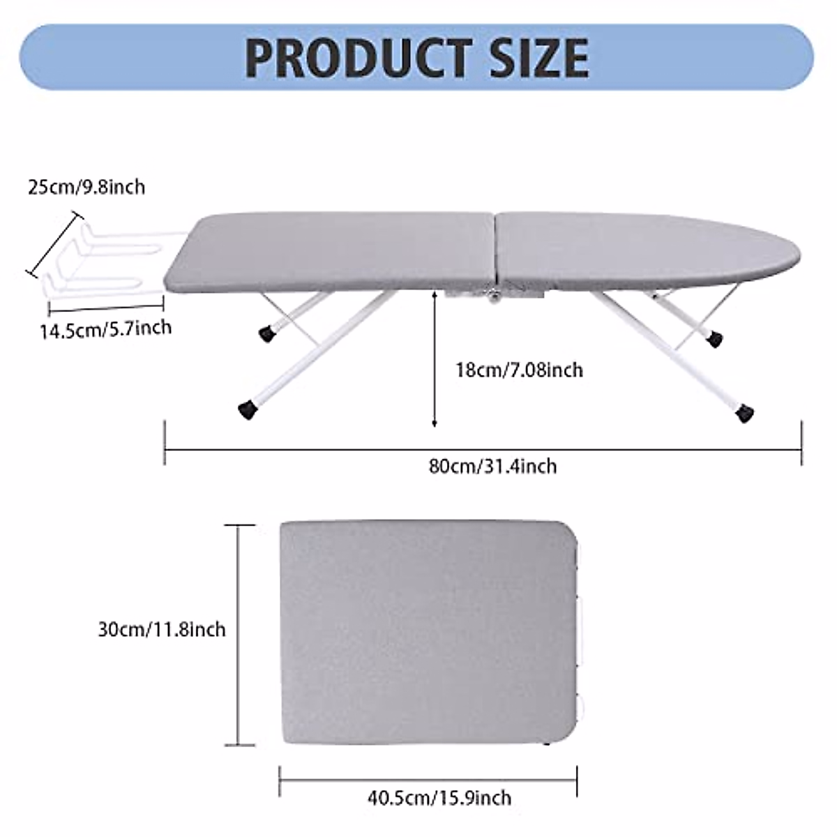 VeYocilk Tabletop Ironing Board, Reinforced Foldable Iron Board with Iron Rest, Portable Travel Small Ironing Board with Heat Resistant Cover for Home, Countertop, Laundry Rooms, Dorm, 31.4"x9.8"x7"