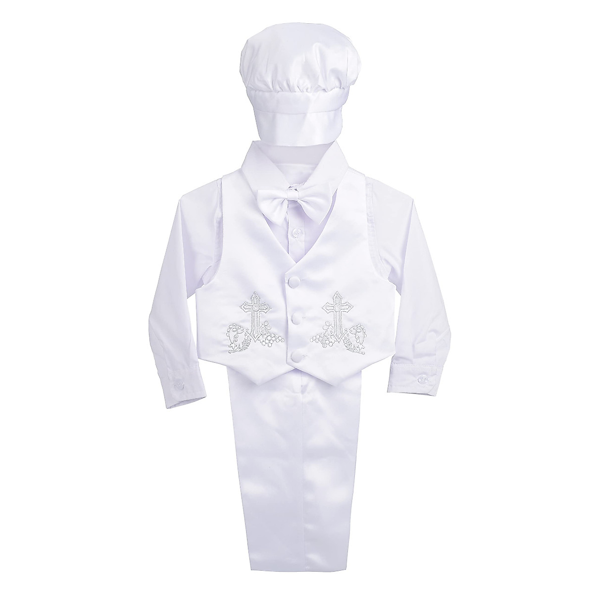 Dressy Daisy Baby Boy Satin Baptism Clothes Christening Outfit with Bonnet 5 Pieces Set Formal White Suit Size 6-9 Months Style A