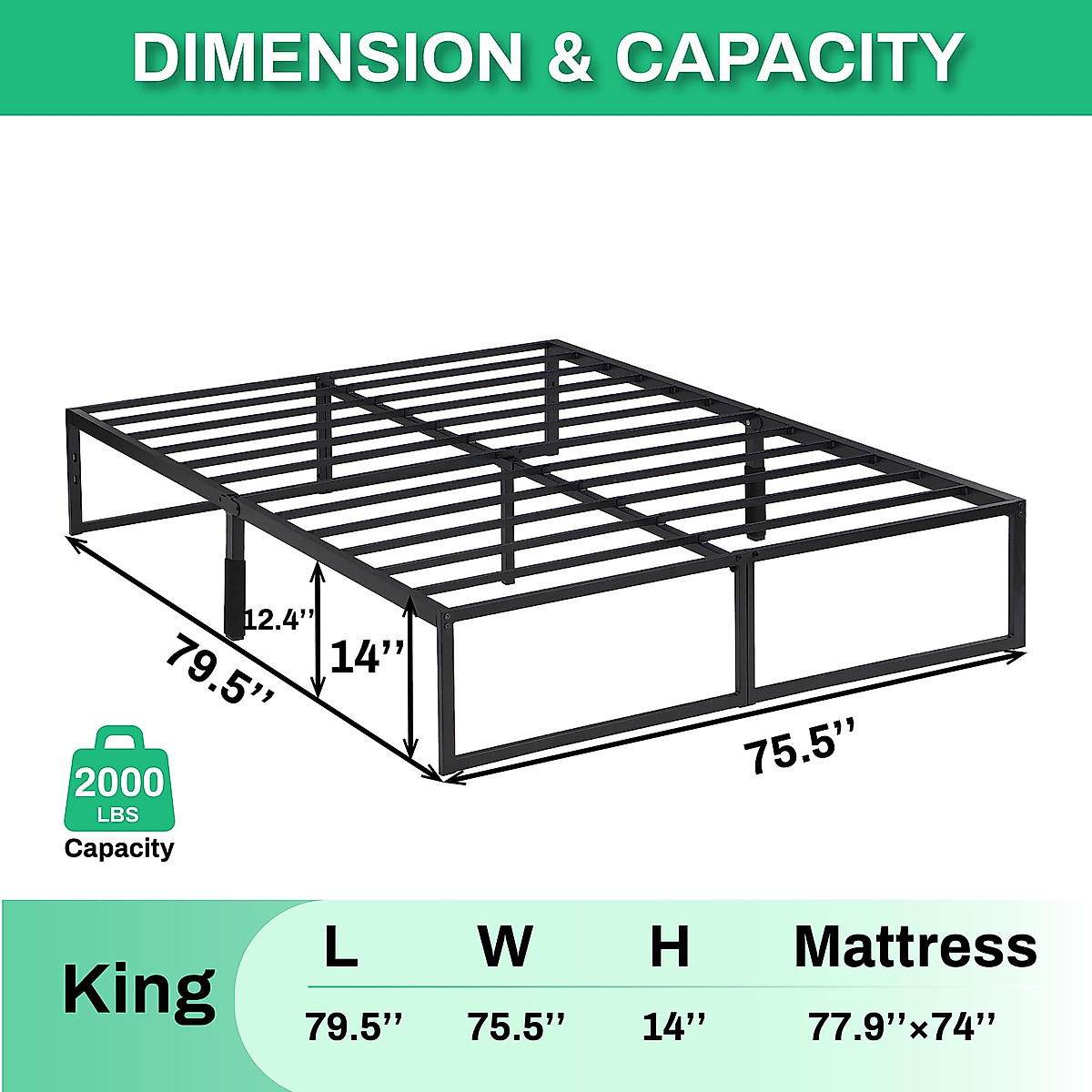 D&H FURNIMMT 14" High King Size Platform Bed Frame,No Box Spring Needed,Easy Assembly,Heavy Duty,King Bed Frame with Storage Underbed,Black