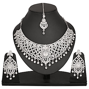 Touchstone Indian Bollywood Masterly Created Sparkling White Rhinestones Studded Look Grand Bridal Jewelry Necklace Earrings Mangtika Set In White Tone For Women.