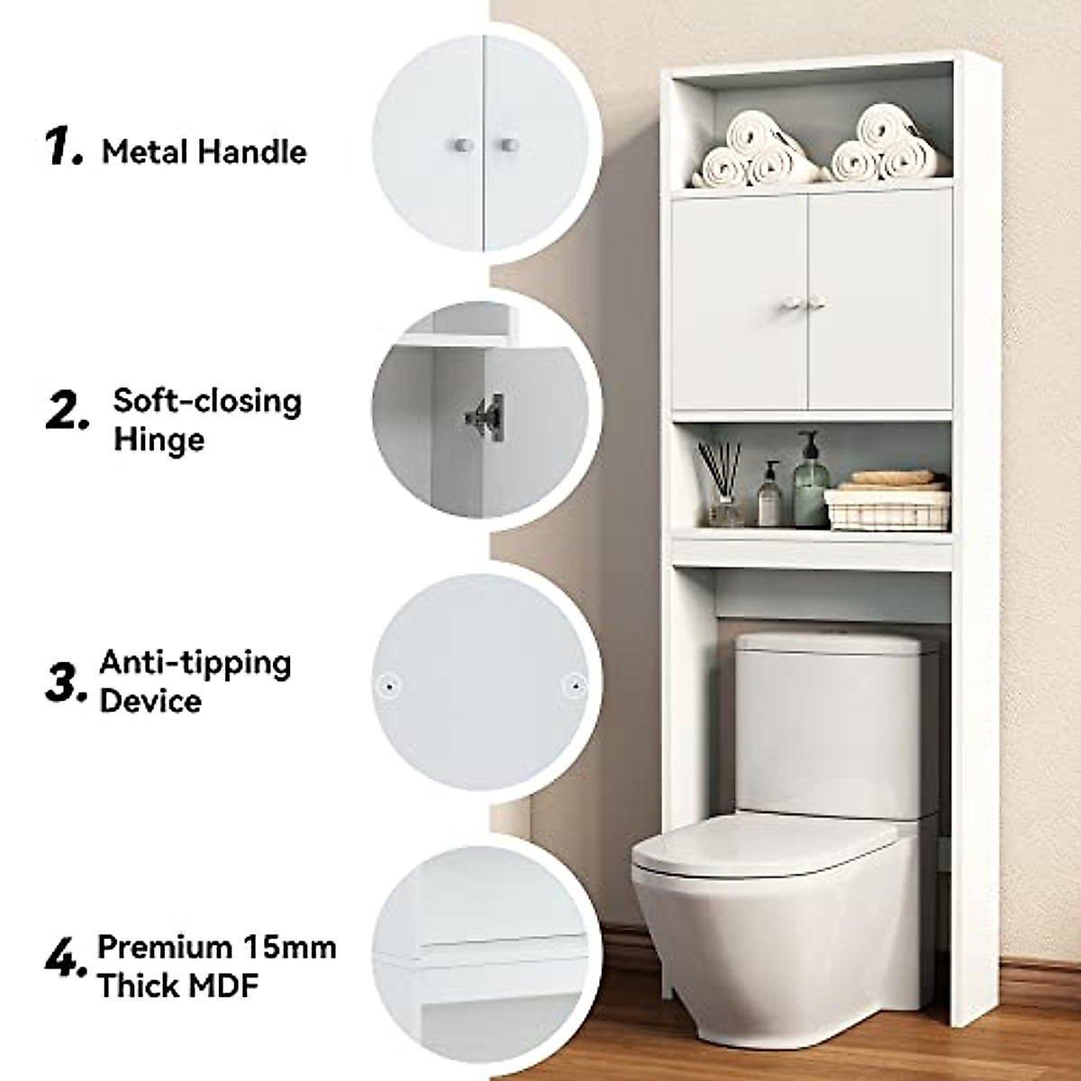 Hayiodda Over The Toilet Storage Cabinet, Double Door Bathroom Organizer Toilet Cabinet with Open Shelf, 76.77" H, White