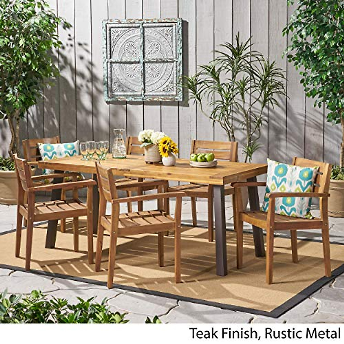 Christopher Knight Home Avon Outdoor Acacia Wood Dining Set, 7-Pcs Set, Teak Finish With Rustic Metal Accents