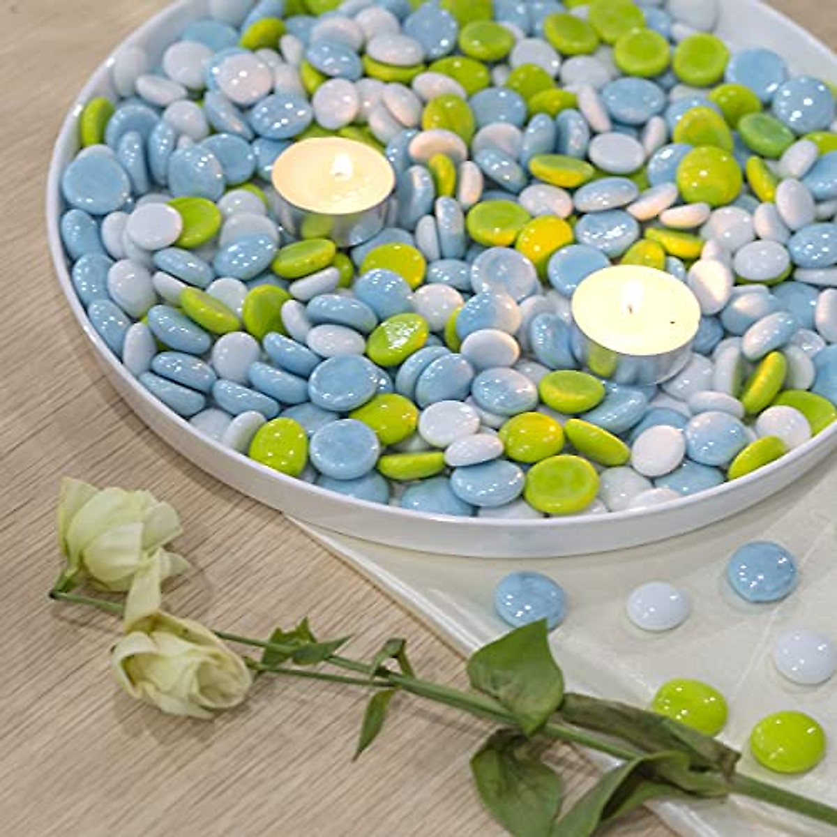 2 Pound Glass Gems Stones Pebble Rocks Mixed White,Blue,Green Flat Marbles for Bowl,Flower Vase Fillers,Floral Arrangement,Mosaics Crafts,Fairy Garden Decor,Fish Tank,Candle Holder,Approx.190~200 PCS