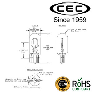 CEC Industries 194 Light Bulb 14V, 3.78W, T3.25 Shape, C-2F Filament, Glass Wedge (10-Pack)