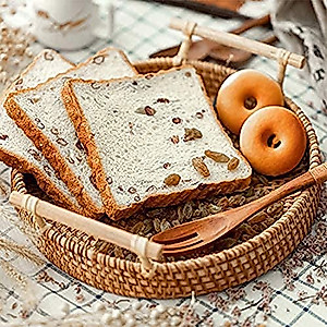 FiaLife Rattan Hand Woven Round Decorative Rustic Serving Wicker Trays with Handles for Home / Social Events - Bread Basket, Vegetable, Fruits, Snacks, Crackers, and Breakfast. Set of 3.