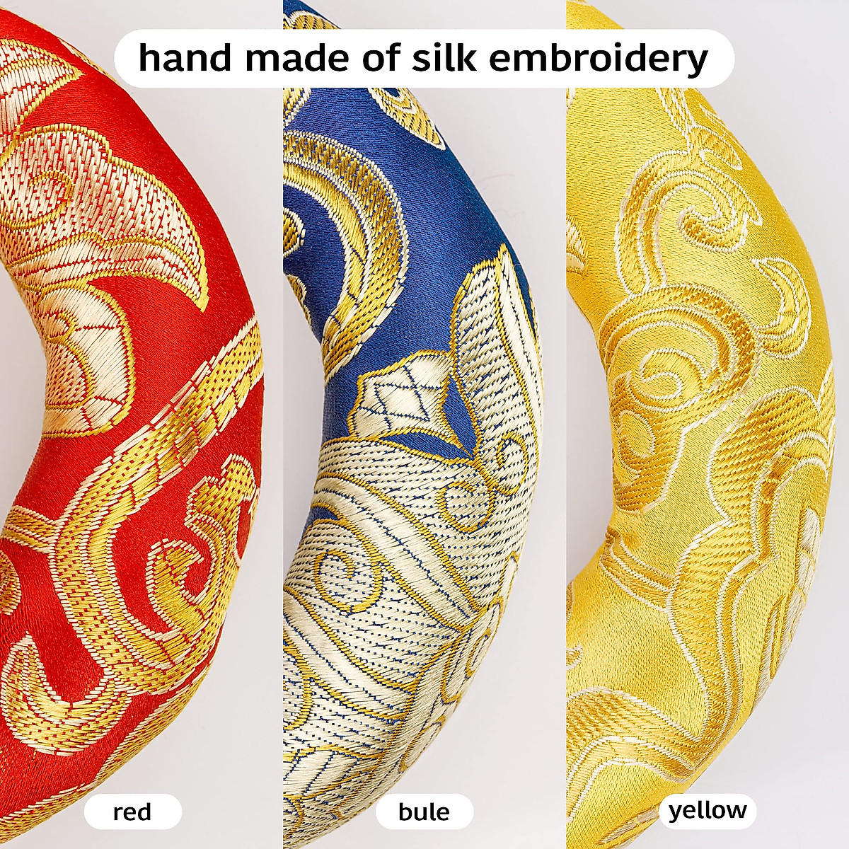 ZenBless Silk Embroidery Tibetan Singing Bowl Cushion 3pcs, Singing Bowl Holder, with Singing Bowl Small Mallet Set Gifts for Buddhist Sound Bowl Yoga Hand Made Nepal Meditation Accessories